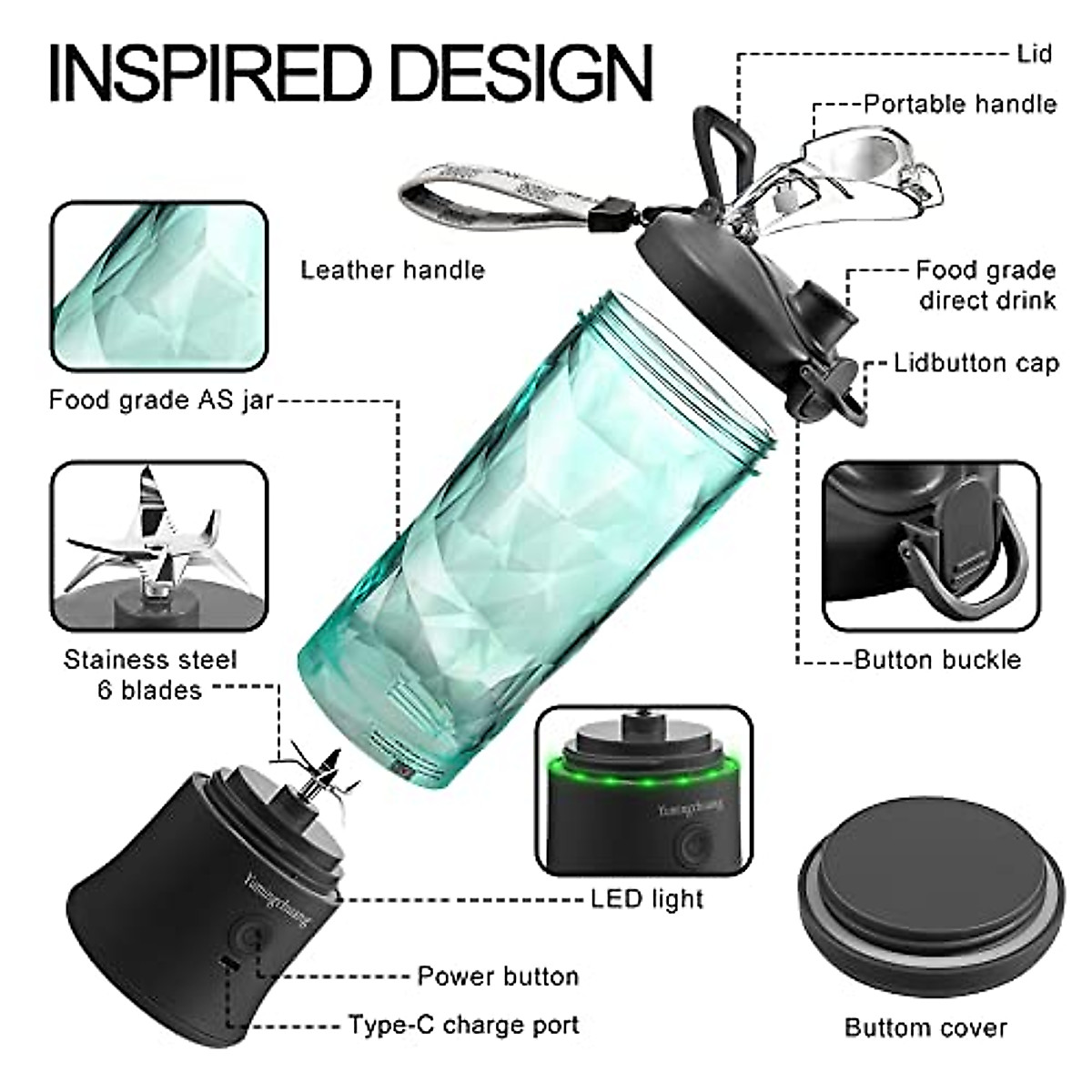 Portable Blender, BPA Free Personal Blender with Rechargeable USB, Shakes and Smoothies with 6 Mini Blades High Speed Waterproof Mixer 20 oz for Kitchen,Home,Baby,Travel