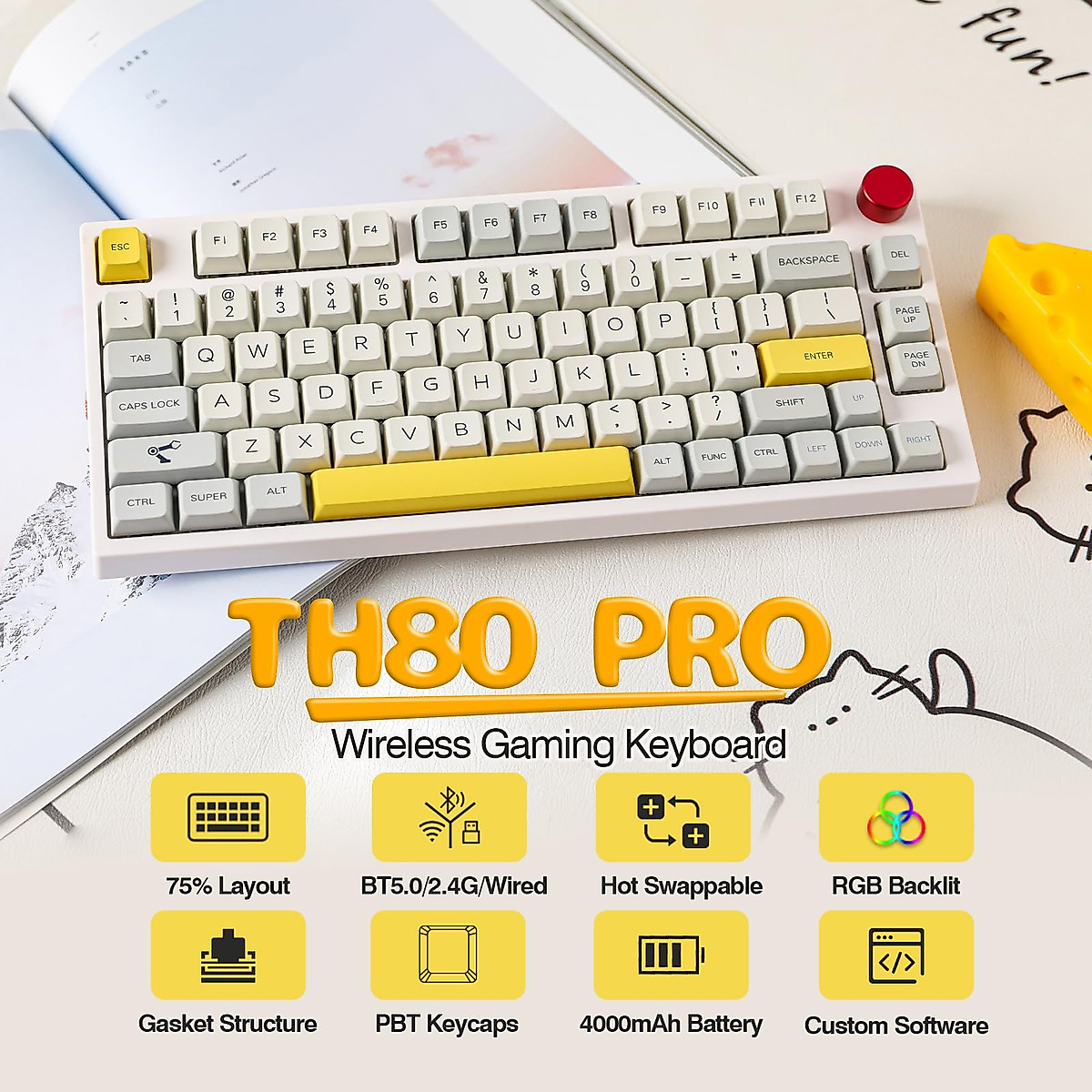 EPOMAKER TH80 Pro 75% Hot Swap RGB 2.4Ghz/Bluetooth 5.0/Wired Gaming Keyboard, with 4000mah Battery, PBT Keycaps, Knob Control for Windows/Mac PS5 PS4 Xbox