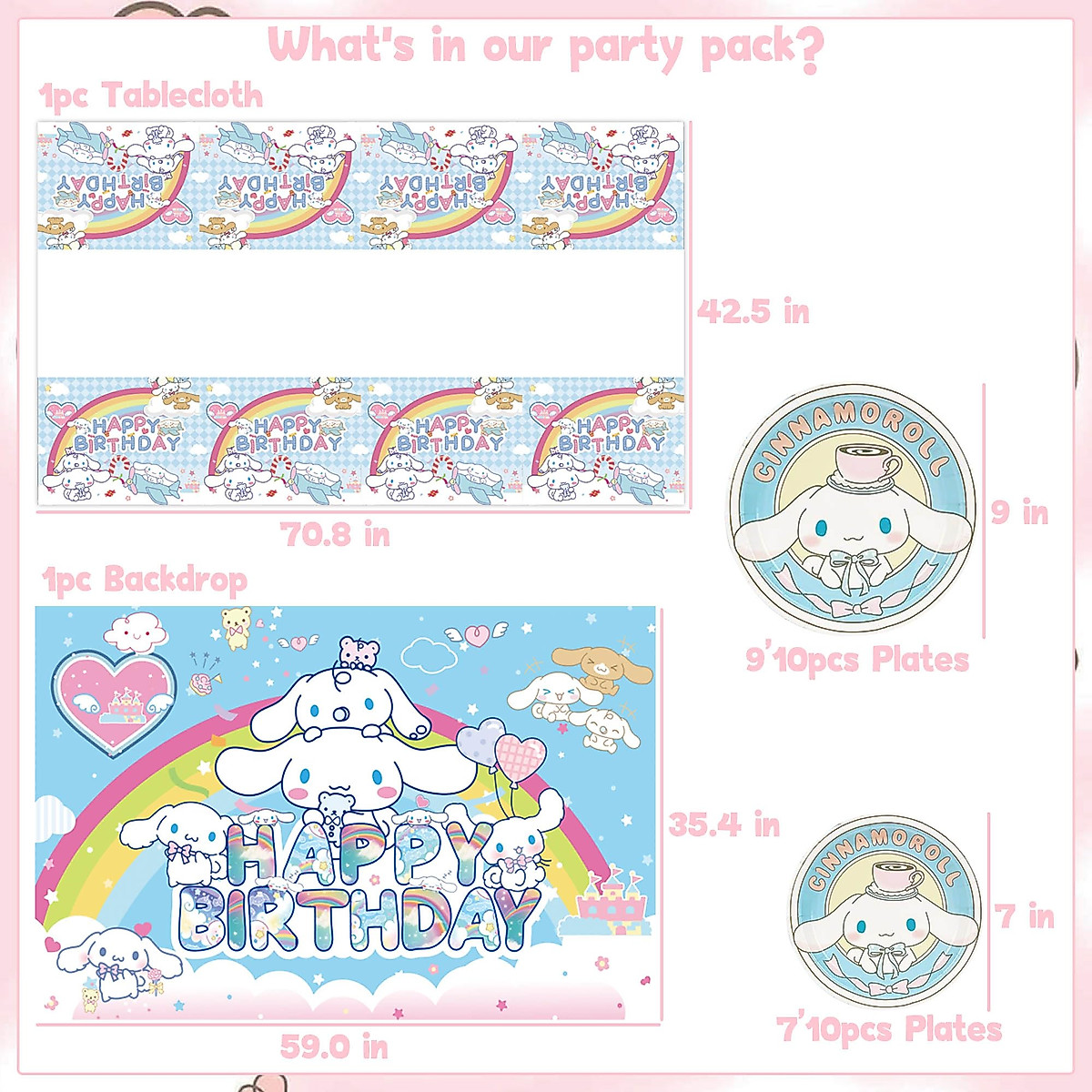 Cute Birthday Party Decorations, Kawaii Birthday Decorations for Kids Include Plates, Tablecloth, Tableware, Cupcake Toppers, Balloons, Backdrop Kits Set