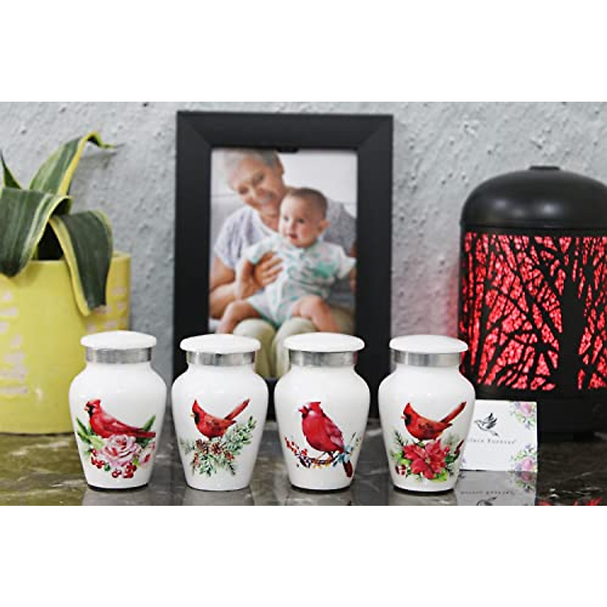 Cardinal Urns White - Mini Keepsake Urns Set of 4 - Premium Box & Bags Included - Small White Urns for Ashes - Honor Your Loved One with Bird Cremation Urns - Perfect for Adults & Infants