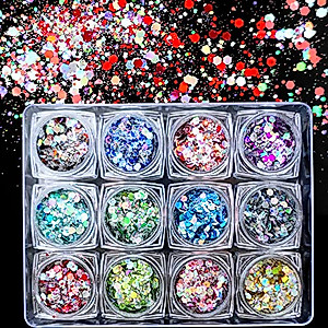AddFavor 12 Colors Holographic Nail Glitter Mixed Hexagon Shape Chunky Glitter Flakes Sparkles Confetti Nail Sequins for Women Girls Nail Art Decoration