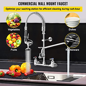 VEVOR Commercial Faucet Pre-Rinse with Sprayer, 8in Adjustable Center Wall Mount Kitchen Faucet with 12" Swivel Spout, 36" Height Compartment Sink Faucet for Industrial Restaurant, Lead-Free Brass