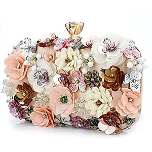Women's Floral Evening Clutch Bag with Flower Metal Rhinestones for Women Wedding Prom Party 3D Sequins Evening Handbag (Apricot)