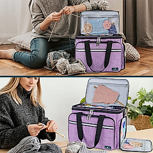 PAVILIA Knitting Bag Yarn Storage Tote - Crochet Organizer Bag, Yarn Storage Holder with Dividers for Knitting Accessories, Yarn Skiens, Needles, Hooks, Unfinished Project (Heather Purple)