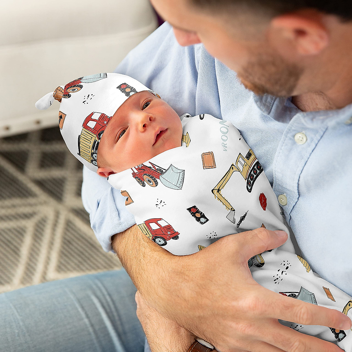 Sweet Jojo Designs Construction Truck Baby Boy Cocoon and Beanie Hat Set Jersey Stretch Knit Sleeping Bag Infant Newborn Nursery Sleep Wrap Sack - Grey Yellow Orange Red and Blue Transportation