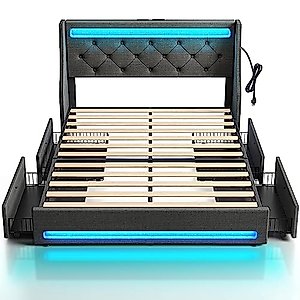 Rolanstar Queen Bed Frame with 4 Storage Drawers, Charging Station and LED Lights, Upholstered Platform Bed with Heavy Duty Wooden Slats, No Box Spring Needed, Noise Free, Easy Assembly, Dark Gray