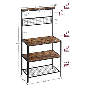 VASAGLE Bakers Rack, Coffee Bar, Kitchen Storage Shelf Rack with 10 Hooks, 3 Shelves, Adjustable Feet, for Microwave Oven, 15.7 x 33.1 x 66.9 Inches, Industrial, Rustic Brown and Black UKKS17BX