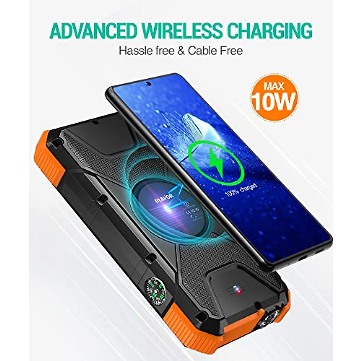 BLAVOR Solar Power Bank, PD18W QC3.0 Fast Charging 10W Wireless Charger 20000mAh Solar Powered Powerbank with Type C Input/Output, IPX5 Waterproof, Camping Flashlight, Compass, Carabiner
