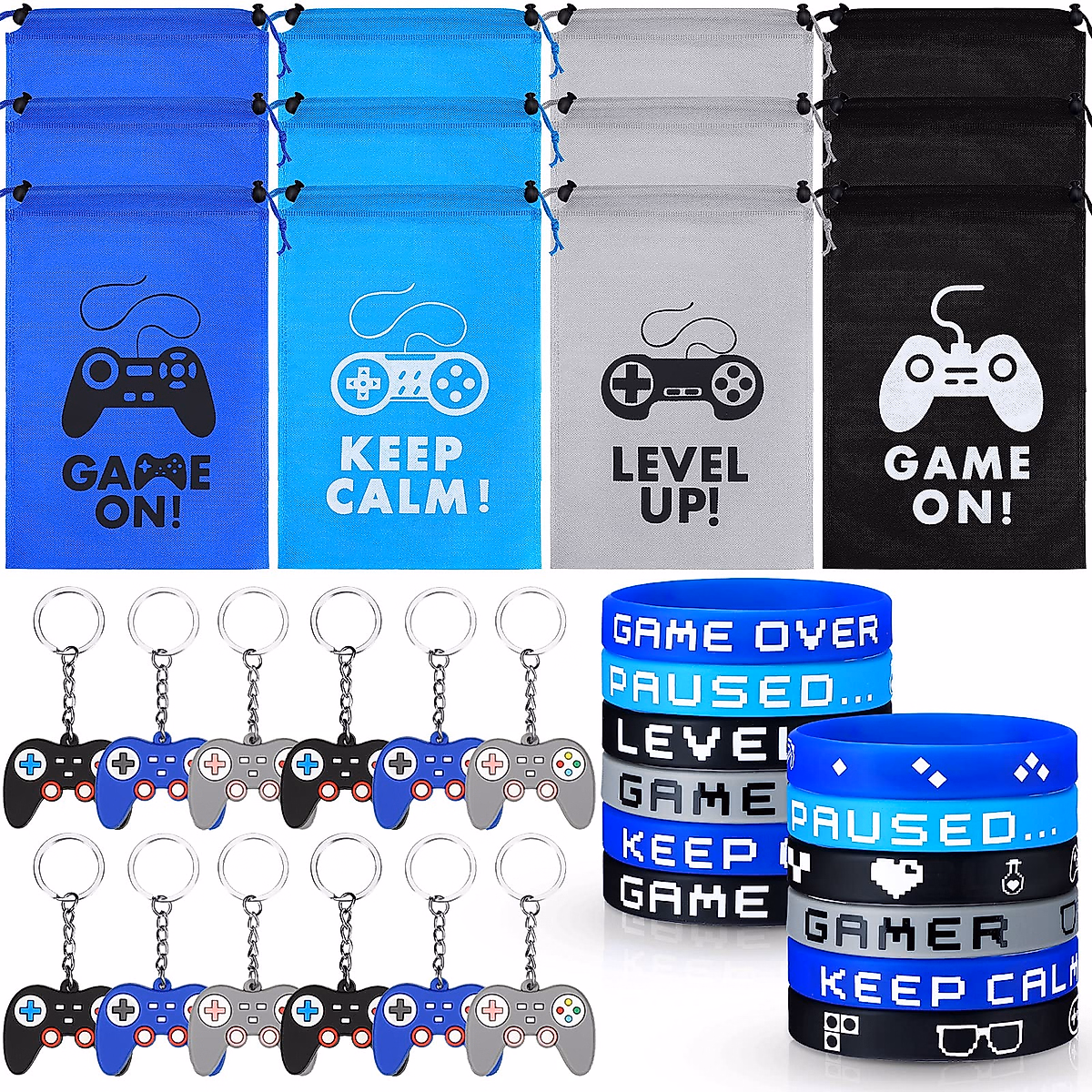 Jexine 36 Pcs Video Game Party Favors Include 12 Gamer Drawstring Bags 12 Gamer Bracelets Wristbands and 12 Video Game Controller Keychain Decorations for Video Game Birthday Party Supplies