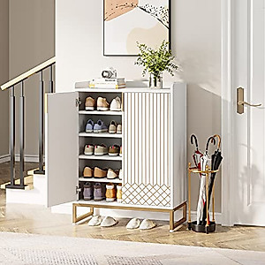 Tribesigns Shoe Cabinet, 25 Pairs Shoe Cabinets with Doors, White 5-Tier Wood Shoes Rack Organizer for Entryway, Freestanding Shoe Storage Cabinet with Gold Metal Frame for Bedroom Hallway Living Room