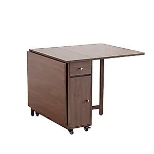 COMUHOME Extendable Drop Leaf Foldable Dining Table with 2 Drawers and 4 Wheels for Living Room Kitchen Farmhouse Space Saving Table in Walnut