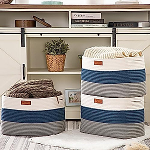 Sophia & William Cotton Rope Baskets for Shelves 14.6"L x 8.3"W x 9.8"H, Woven Nurery Storage Baskets & Bins with Handles, Baby Toy Baskets Organizer for Laundry, 1 Pack, Majolica Blue & Moon Mist