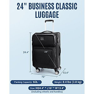 LIGHT FLIGHT 24 Inch Suitcase with Separate Compartment, Water-resistant Large Suitcase with Spinner Wheels, TSA Lock, Business Classic Travel Suitcase, Black