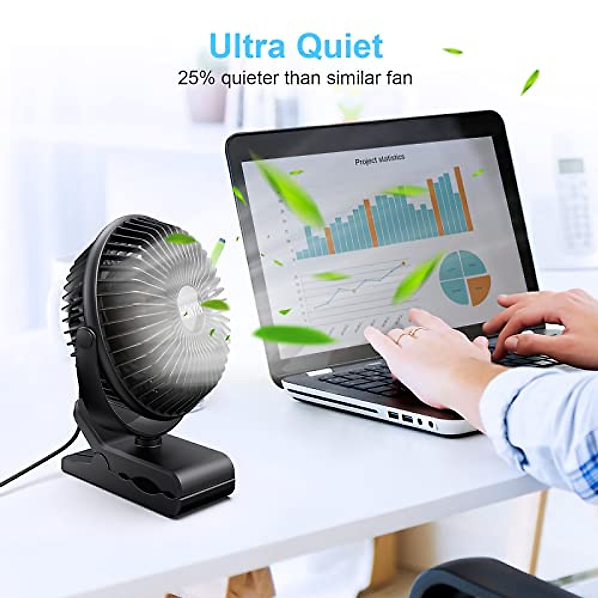 HONYIN USB Clip on Fan, 720° Rotation Small Desk & Clip Fan, Personal Cooling Fan with Sturdy Clamp, 3 Speeds, Quiet Little Fan by USB Plug In, for Bedroom Office Desktop Treadmill
