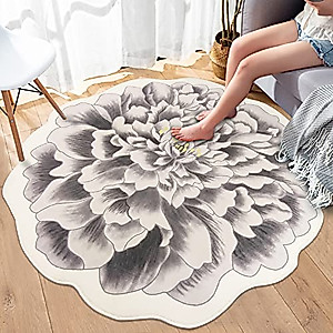 Lacomfy Modern Rug 4Ft Flower Rug Circle Bathroom Rug Floral Bedroom Carpet Round Rural Accent Rug Soft Peony Flower Farmhouse Floor Mat Laundry Mat for Indoor Home Decor Nonskid Washable Rug, Grey