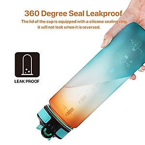 EYQ 32 oz Water Bottle with Time Marker, Carry Strap, Leak-Proof Tritan BPA-Free, Ensure You Drink Enough Water for Fitness, Gym, Camping, Outdoor Sports (Orange/Green Gradient)