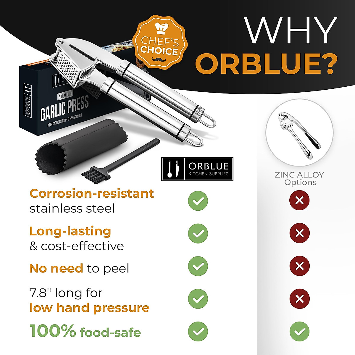 ORBLUE Garlic Press Stainless Steel - Premium Professional Grade Garlic Mincer, Crusher & Peeler Set - Easy Clean, Dishwasher Safe & Rust-proof