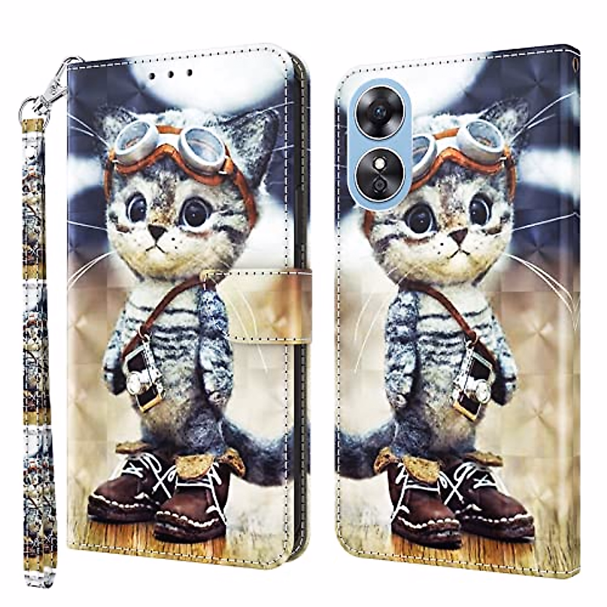 ALILANG Phone Case for Oppo A17 Case, Magnetic Stand Flip PU Leather Cover with Card Holder Protective Shockproof for Oppo A17 Wallet Case-Naughty Cat