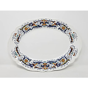 Nova Deruta Orange Fruit and Tulips, Blue Fleur De Lis, Floral Spirals Ceramic Serving Dish Plate Platter, Italian Handcrafted Earthenware for Sur La Table, Deruta, Made in Italy, 9.75" long x 13.25"