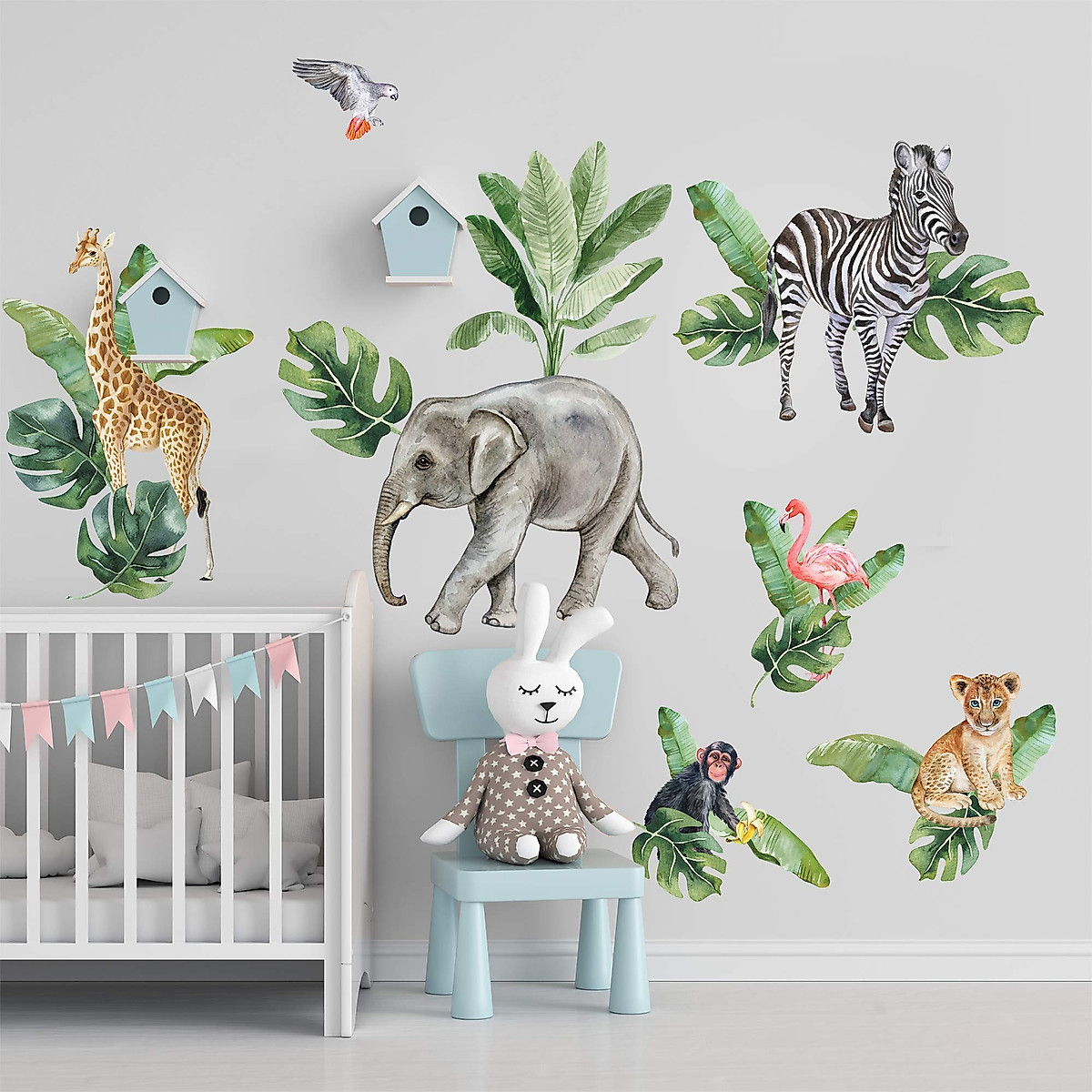 Murwall Kids Wall Decal Peel and Stick Safari Animal Wall Decals Cute African Animals Set Wall Sticker Zebra Giraffe Elephant Lion Leaves Sticker Kids Room Childroom