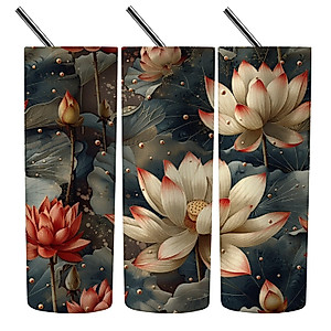 Medpol lotus flowers insulated tumblers，Chinese style lotus flowers coffee cup Gift，flowers Drinking Glasses-Tea Cup-Coffee Mug tumbler with lid and straw 20 oz insulated tumbler cups