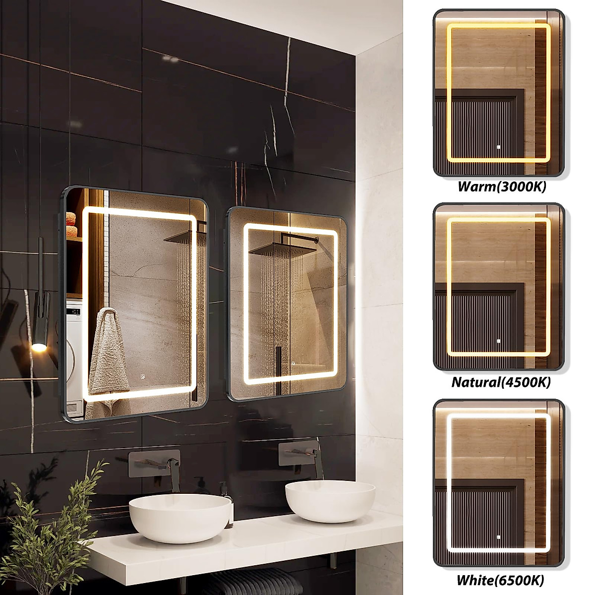 APRILSOUL 16X24 Inch Black Bathroom Medicine Cabinet with Mirror, Recessed or Surface Lighted Medicine Cabinet with 3 Colors Temperature, Dimmable Light