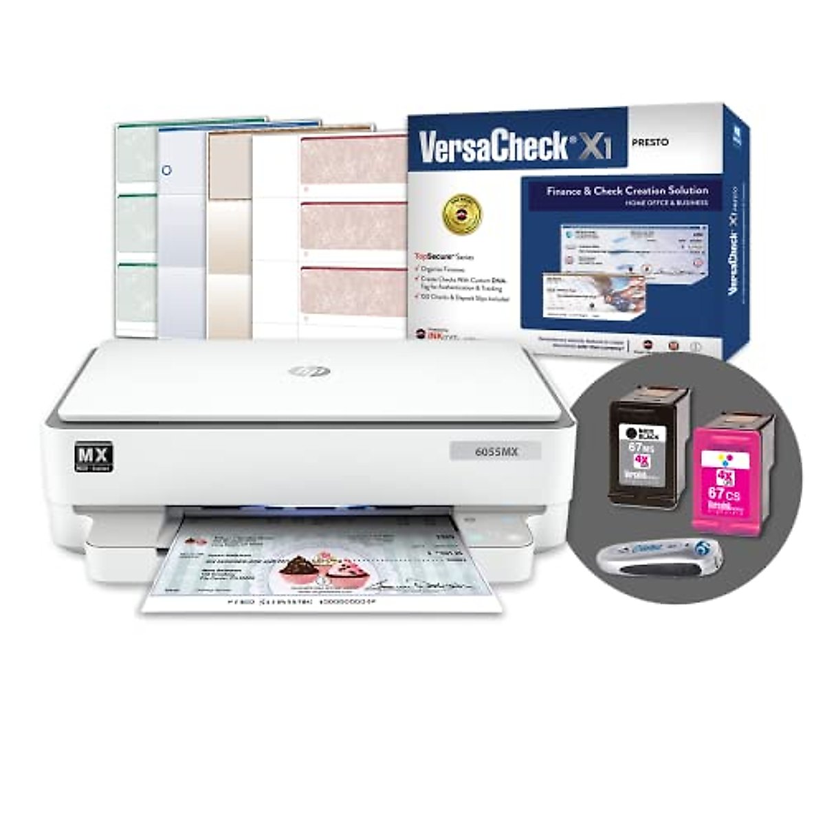VersaCheck HP Envy 6055 MXE All-in-One MICR Check Printer Presto Software Bundle, White