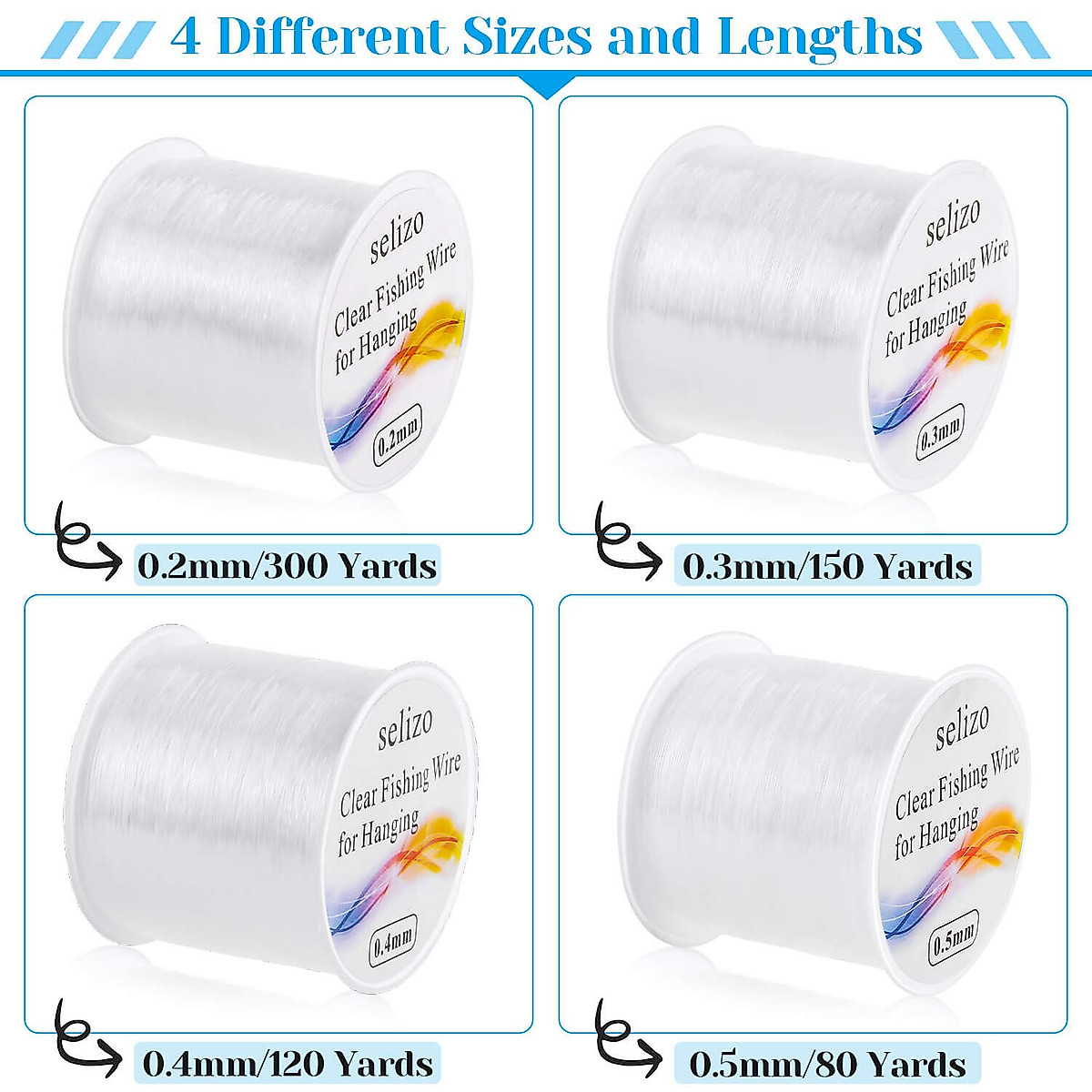 Fishing Wire for Hanging, Selizo 4Pcs Clear Fish Line Fishing String Invisible Monofilament Nylon Thread for Hanging Decorations, Balloon Garland, Jewelry Making, Beading and Crafts