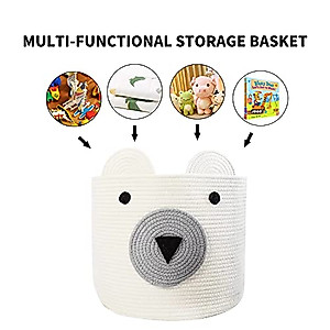 Homearda Cotton Rope Storage Basket with Cute Bear Design Foldable Woven Laundry Basket with Large Capacity Decorative Basket Organizer for Toys, Blanket, Towels, Clothes -White (16D X14H inch)