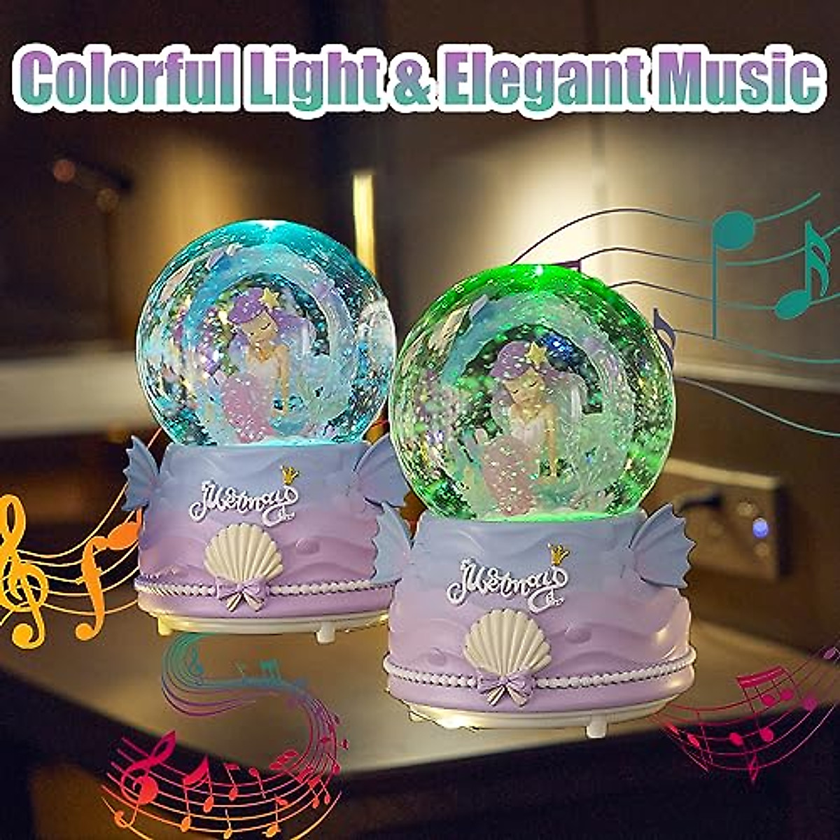 Snow Globe, Asfety Mermaid Musical Snow Globe with LED Rainbow Snow Lights and Play Music, Resin Automatic Snowfall Mermaid Gifts for Girls Snow Globe Christmas, Festival Gifts for Mothers Daughter