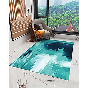 Anzona Painting Teal Indoor Area Rug 3 Ft x 5 Ft, Green Modern Abstract Art Non-Slip Runner Rug for Kids Room, Ombre Oil Print Texture Living Room Bedroom Bathroom Decor Floor Carpets