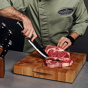 OrGREENiC Hammered High Carbon Steel Knife Set - Non-Stick Tsuchimi Blade Texture, Ergonomic Handle, Professional Sharpness for Precision Cutting - Includes Chef, Bread, Utility, and Steak Knives