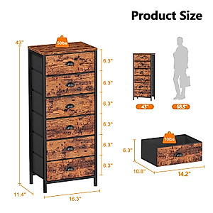Furnulem Tall Dresser with 6 Drawers,Vertical End Table and Nightstand for Bedroom,Industrial Dorm Bedside Furniture with Fabric Storage Drawer Organizer in Living Room,Closet,Entryway(Rustic Brown)