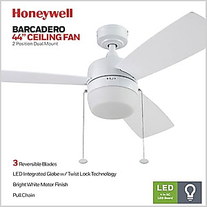 Honeywell Ceiling Fans Barcadero Modern 44 Inch Ceiling Fan with Light, Pull Chain LED Indoor Fan with 3 Blades, White Maple and White Blade Finish Options, Bright White (51475-01)