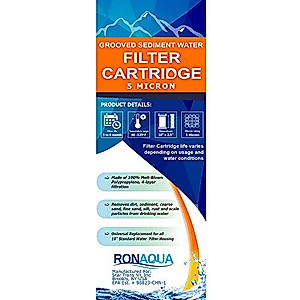 Grooved Sediment Water Filter Cartridge by Ronaqua 10"x 2.5", Four Layers of Filtration, Removes Sand, Dirt, Silt, Rust, made from Polypropylene (1 Pack, 5 Micron)