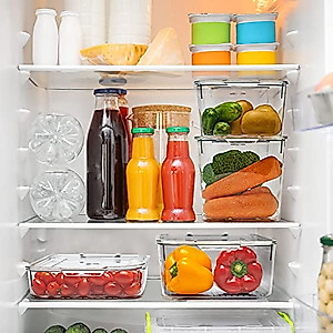 EZOWare 6 Pack Stackable Clear Refrigerator Organizer Bins with Lid, Narrow Plastic Storage Box Containers Ideal for Kitchen Cabinet, Pantry Organization, Fridge, Freezer - 2 Sizes
