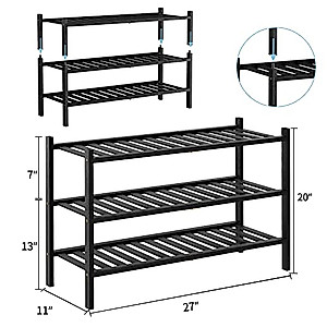 RONGJIA 3-Tier Natural Bamboo Shoe Rack - Stackable Storage Shelf with Multi-Function Combinations - Free Standing Shoe Racks for Convenient Shoe Organization（Black） 11" D x 27" W x 20" H