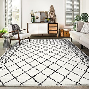 COZYLOOM Shag Area Rug 9x12 Vintage Trellis Shaggy Rug Moroccan Geometric Plush Rug Non-Slip Fluffy Living Room Rug Soft Fuzzy Indoor Carpet Bedroom Dorm Floor Cover Accent Floor Cover