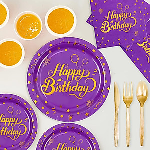 168PCS Purple Birthday Decorations, Purple and Gold Birthday Plates and Napkins Party Supplies--Disposable Purple Birthday Paper Plates,Cup,Napkin,Cutlery for Purple and Gold Birthday Party Decoration