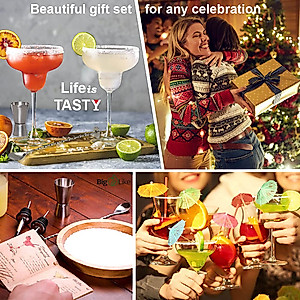 Margarita Salt Rimmer Set – 11 Pcs: 1 Large Acacia Wood Glass Rimmer Dish, 1 Double Jigger, 1 Mixing Spoon,2 Pourers, 4 Caps, 1 Brush. Cocktail Rimmer Set with 7.1" Wide Margarita Rimmer Tray