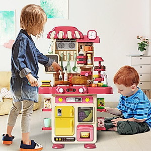 Deejoy 48Pcs Kitchen Playset for Boys & Girls, Kid Play Kitchen with Realistic Lights & Sounds, Spray Sink, Pretend Food Toys Kitchen for Toddlers (Red)