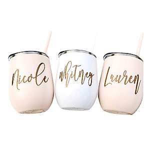 Personalized Stemless Wine Cup Tumbler Stainless Steel, Girls Trip Gift, Wedding Party Gifts, Bridesmaid Gift, Travel Wine Cup with Lid, Bachelorette Cups, Personalized Wine Glasses, Vinyl Decal