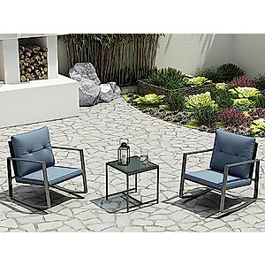 Pyramid Home Decor 3 Piece Rocking Bistro Set - Synthetic Wicker Outdoor Furniture - Glass Coffee Table with 2 Chairs for Balcony, Patio & Porch - Black Metal, Soft Cushions (Gray)