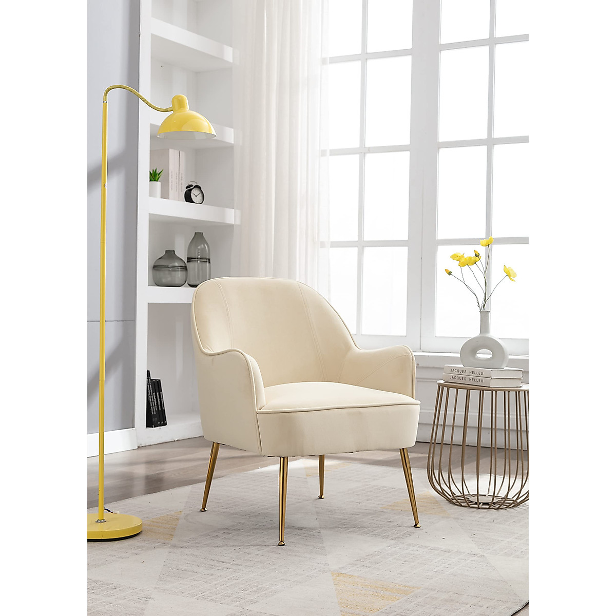 Bellemave Velvet Accent Chair,Modern Upholstered Leisure Arm Chair with Gold Metal Legs,Thickly Padded,Guest Chair Vanity Chair Club Chairs for Living Room Bedroom Office（Cream White）, W52752188