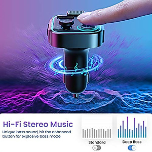 AINOPE 2023 Upgraded Bluetooth FM Transmitter for Car Adapter, Stronger Microphone & Bass Sound Bluetooth Radio Transmitter Car Adapter, Support 42W PD+QC3.0, 7 Colors LED Backlit, Wireless Call