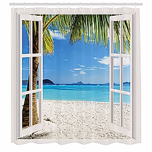 Ambesonne Turquoise Shower Curtain or Backdrop Tropical Palm Trees on Island Ocean Beach Through Wooden Windows Cloth Fabric Decor Set with Hooks for Home Dorm Bathroom 69" W x 75" L Blue Green White