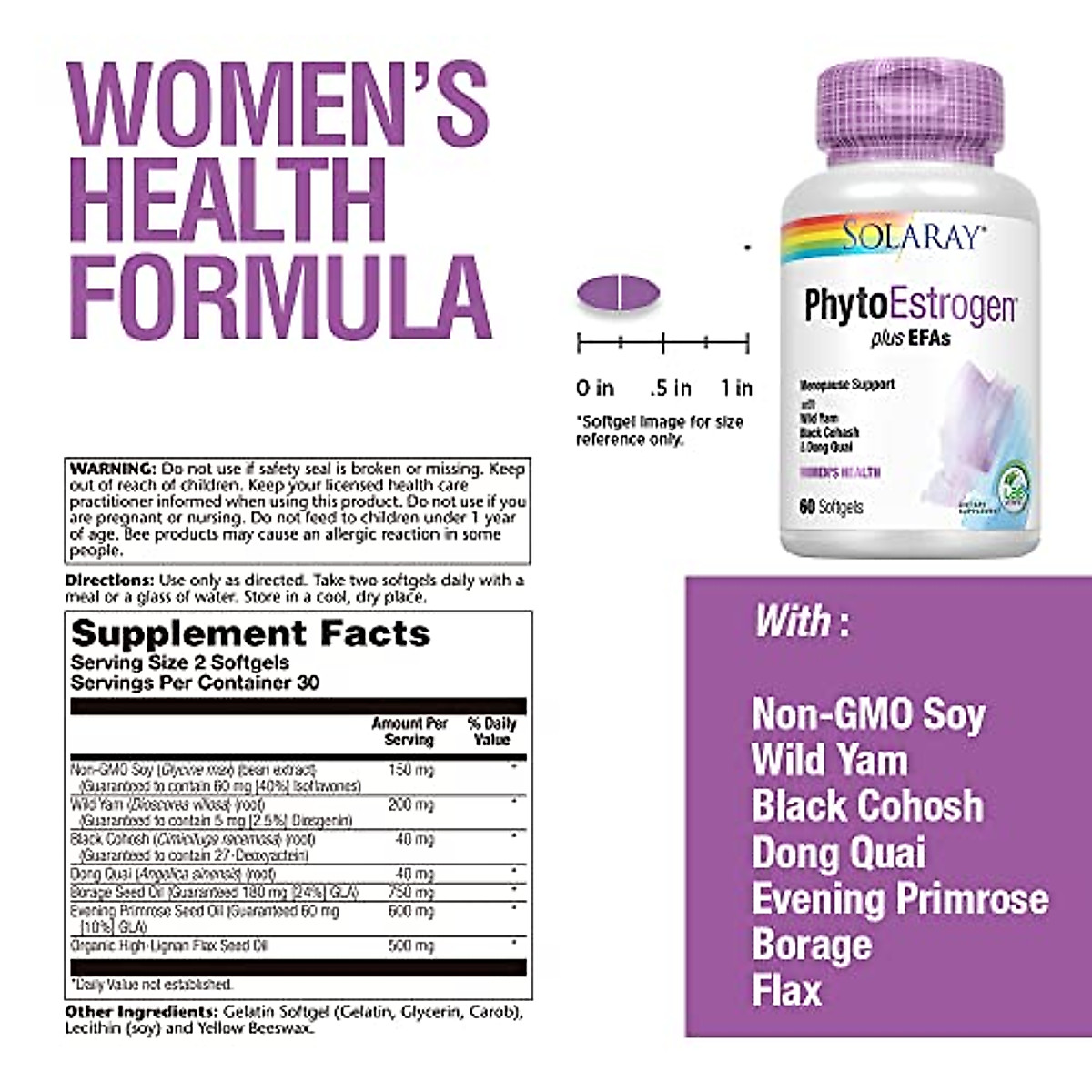 Solaray PhytoEstrogen Plus EFAs Menopause Support | Wild Yam, Black Cohosh, Evening Primrose & Borage | 60ct, 30 Serv.