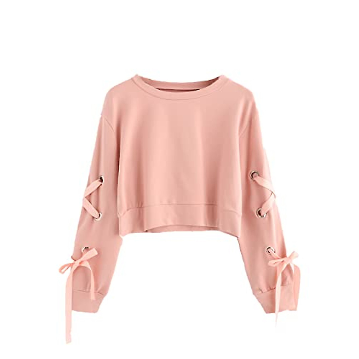 SweatyRocks Women's Casual Lace up Long Sleeve Pullover Crop Top Sweatshirt Solid Pink Small