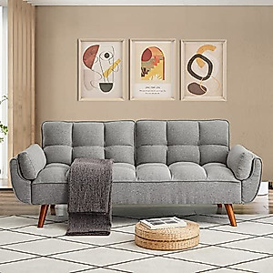 Homies Life Convertible Futon Sofa Bed, Linen Sleeper Couch, 75" W Modern 3 Seater Tufted Sofa with Adjustable Backrests and Soild Wood Legs for Living Room, Bedroom, Small Space, Gray