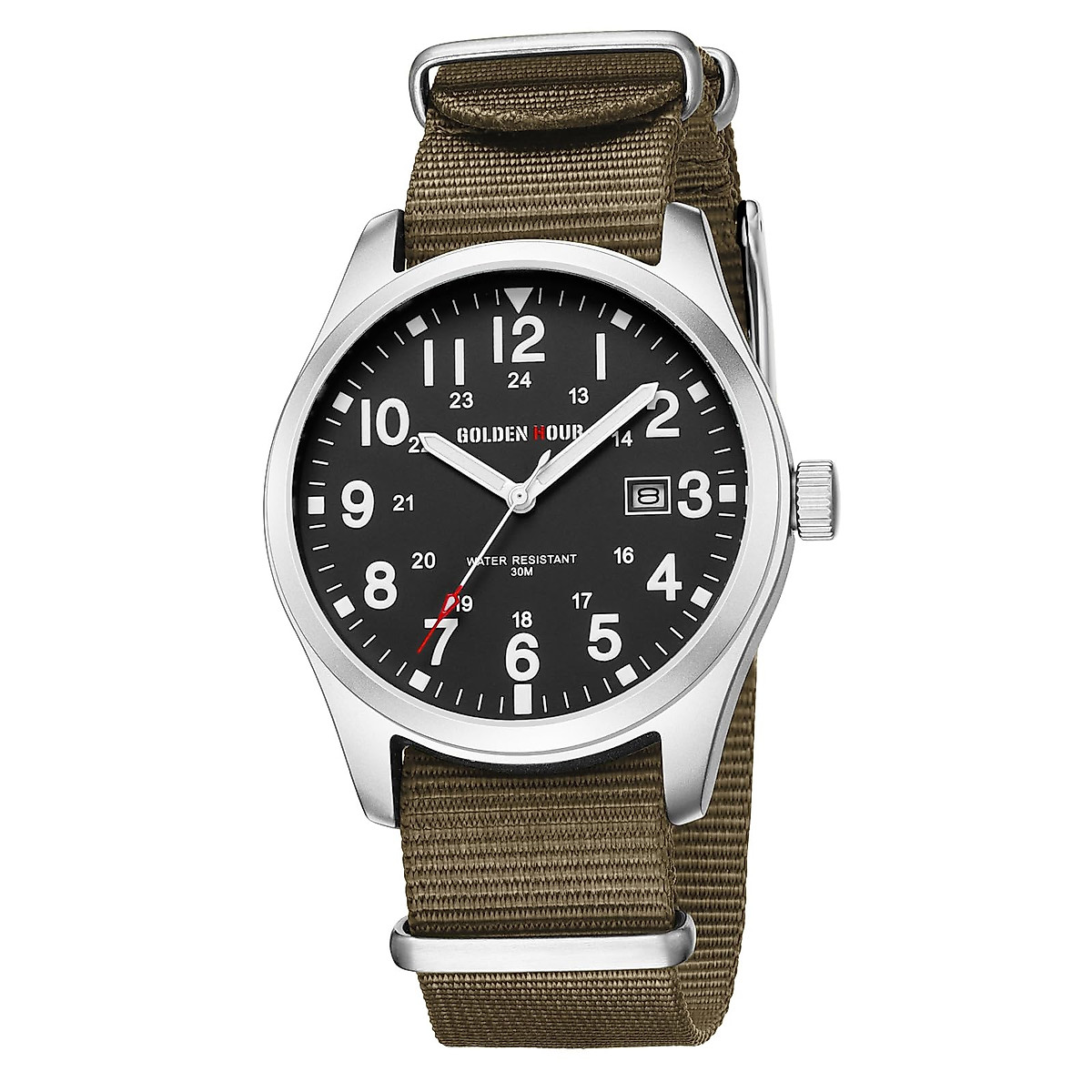 GOLDEN HOUR Men's Nylon Slip-Thru Strap Watch with Military Time Easy Read Dial Glowing Hands in Silver Brown